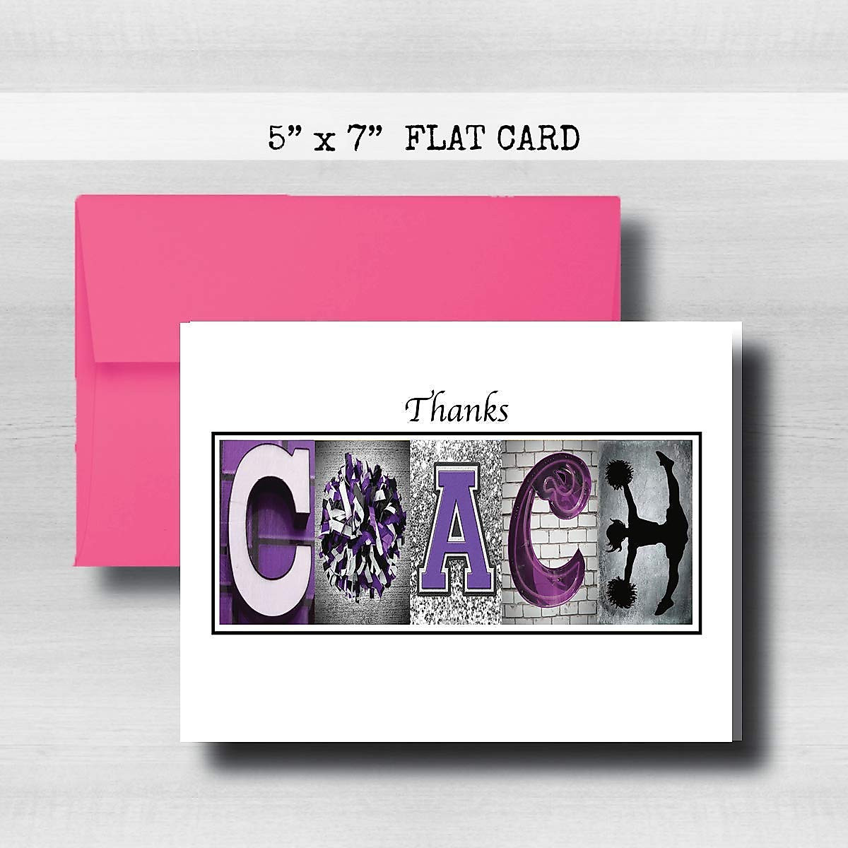 Personalized Cheerleading Purple Coach Thank You Card, 5"x 7" FLAT CARD, Greeting Cards