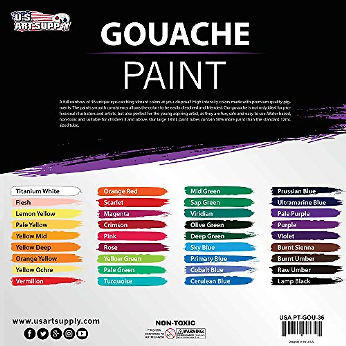 U.S. Art Supply Professional 36 Color Set of Gouache Paint in Large 18ml Tubes - Rich Vivid Colors for Artists, Students, Beginners - Canvas Portrait Paintings - Color Mixing Wheel