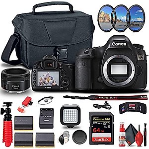 Canon EOS 5DS DSLR Camera (Body Only) (0581C002) + Canon EF 50mm Lens + 64GB Card + Case + Filter Kit + Corel Photo Software + 2 x LPE6 Battery + Card Reader + LED Light + Flex Tripod + More (Renewed)