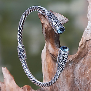NOVICA Artisan Handmade Blue Topaz Cuff Bracelet on Sterling Silver Hinged from Bali Indonesia Serenity Birthstone [6.25 in L (end to End) x 0.4 in W] ' Beacon of Light'
