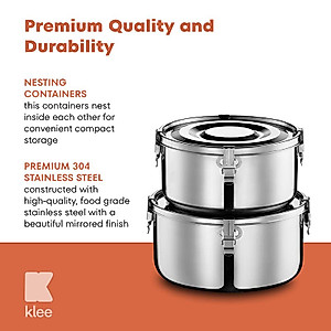 Klee 2 pc Stainless Steel Food Storage Container Set With Lids - Easy Clean, Smell-Proof, Airtight & Leakproof Containers - Large and Extra Large Sizes (50, 67 fl oz) - 304 Stainless Steel