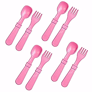 Re Play Made in USA 8pk Toddler Feeding Utensils Spoon and Fork Set, Made from BPA Free Environmentally Friendly Recycled Milk Jugs, Dishwasher Safe, Bright Pink (Without Carrying Case)