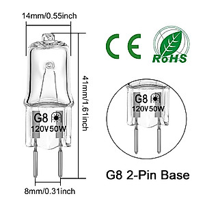 G8 Halogen Light Bulb 50W 120V T4 JCD Type G8 Bi-Pin Base Dimmable G8 Small Light Bulbs for Kitchen Hood, Landscape Lights, Desk and Floor Lamps, Wall Sconces, Warm White 2700K (12 Pack)