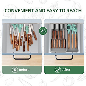 AWZITUO In Drawer Knife Organizer, 2 Tier Kitchen Knife Drawer Holder Insert with Expandable Storage Tray Holds 11 Knives, Drawer Knife Organizer for Kitchen Saves Space (Gray)