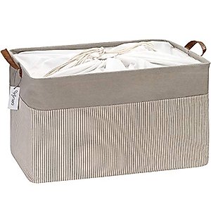 Hinwo 70L Extra Large Capacity Storage Basket with Handles, Canvas Fabric Storage Bin, Rectangle Storage Box, Clothes, Toys Organizer for Nursery, Kid’s Room, 22 x 15 inches, Waterproof, Grey Streak