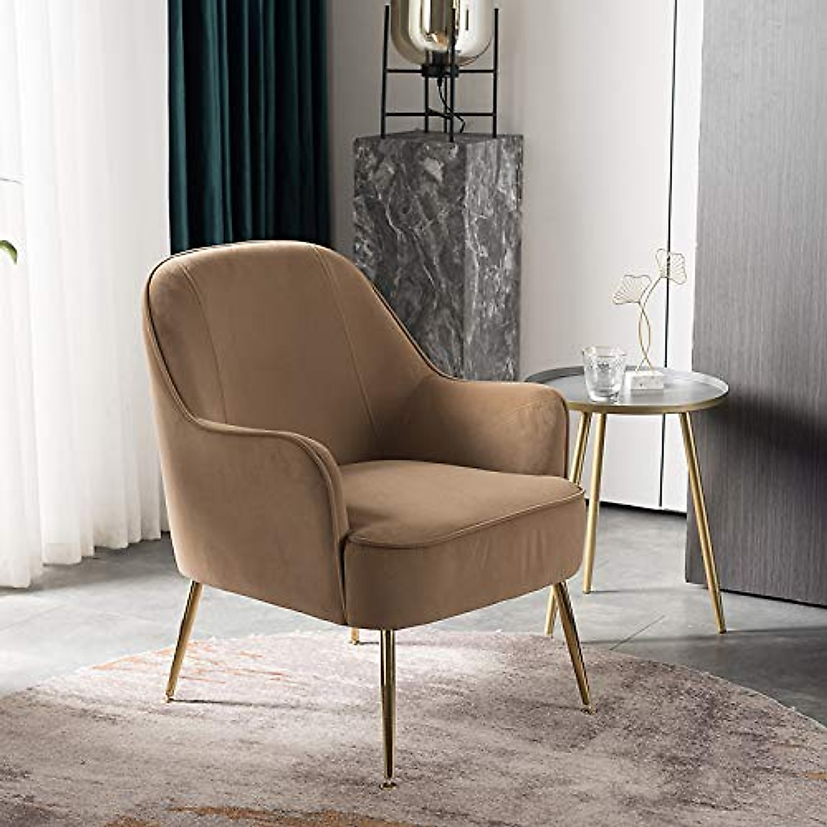 Olela Accent Chair with Arms Upholstered Velvet Side Chairs for Living Room Bedrooms Comfy Decortive Modern Mid-Back Leisure Chair with Adjustable Footpad (Brown)
