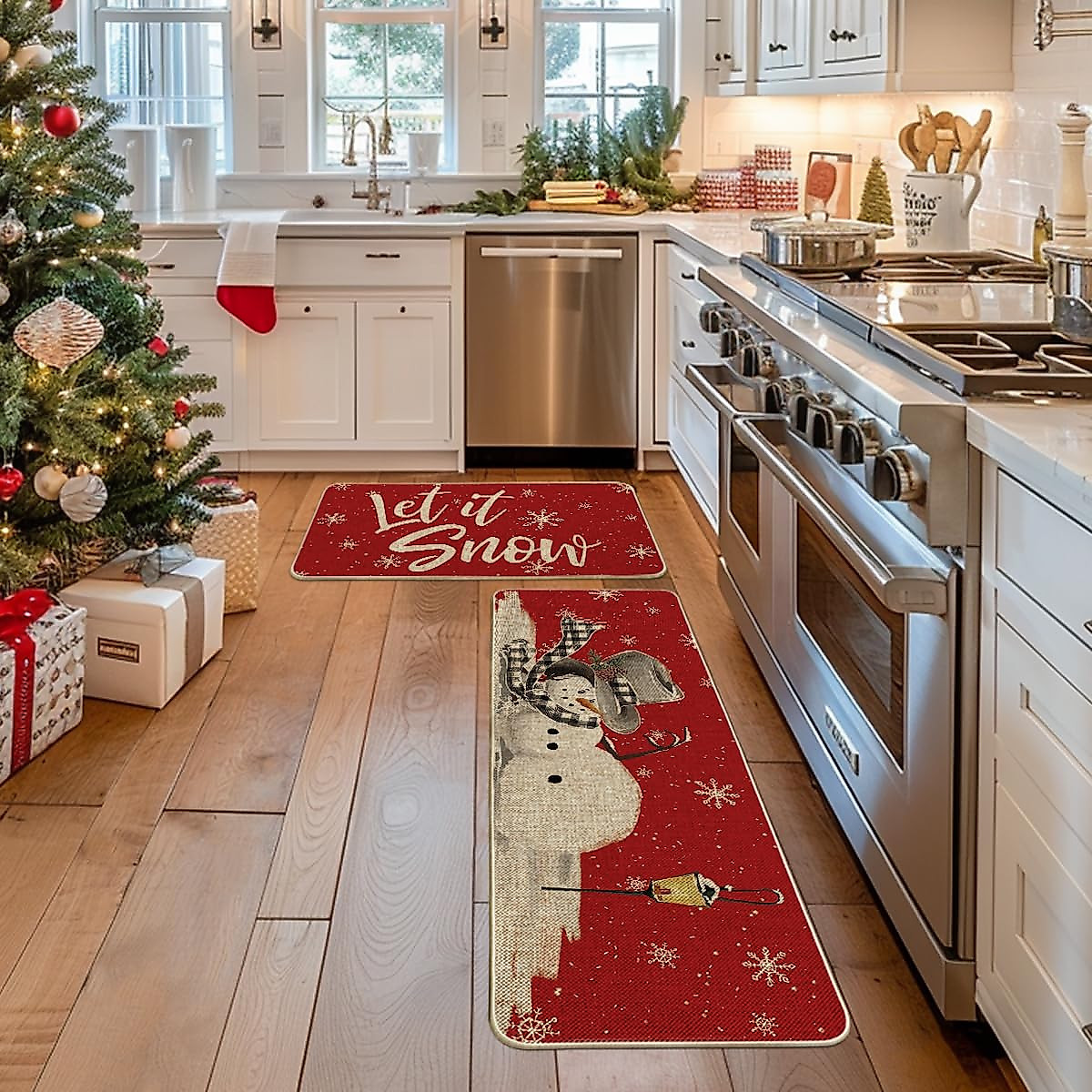 Artoid Mode Red Let It Snow Snowflake Snowman Winter Kitchen Mats Set of 2, Christmas Decor Low-Profile Kitchen Rugs for Floor - 17x29 and 17x47 Inch