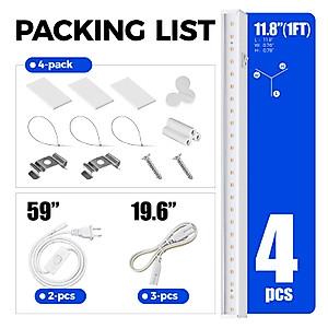 Barrina Grow Light for Indoor Plants, Full Spectrum Sunlight, 1ft Grow Lamp, LED Grow Light Bulbs, T5 Grow Light Strip, Plug and Play, Pinkish White, 4-Pack