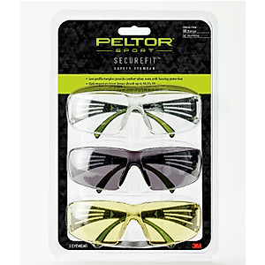 Peltor Sport SecureFit 400 Eye Protection, Multi Shaded 3 Pack (Clear/Amber/Gray), High Impact Resistant, Blocks 99.9% UV, Anti-Fog, Scratch Resistant Lenses, Low Profile Safety Glasses (SF400-P3PK-6)