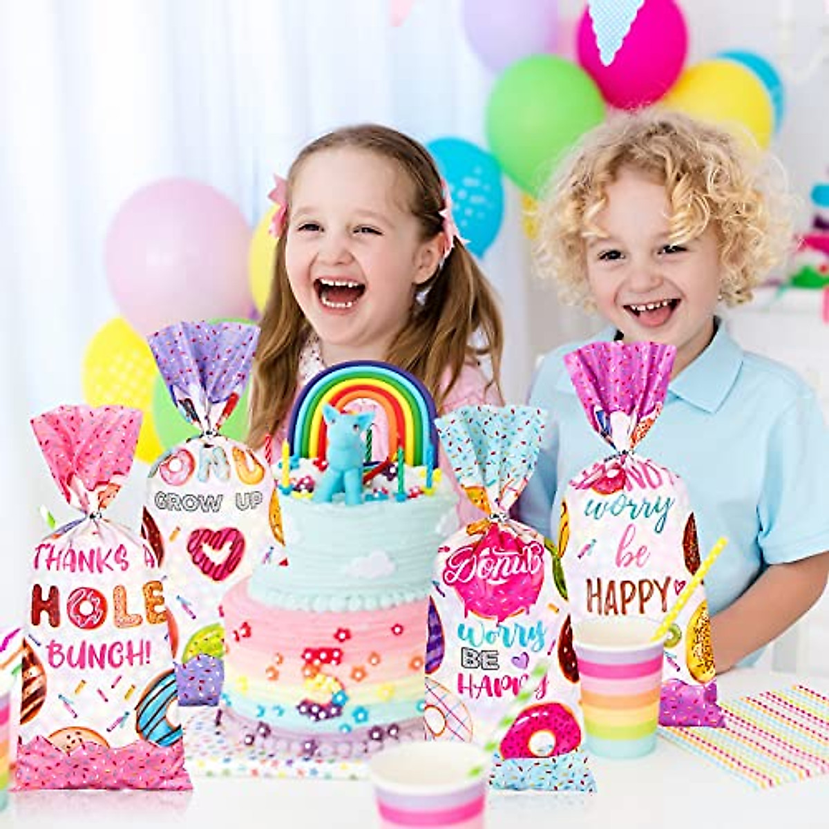 Jetec 100 Pcs Donut Candy Bags Donut Grow up Party Supplies Donut Cellophane Bags Gift Treat Bag Goodie Bags with Ties Two Sweet Donut Theme Birthday Party Decorations