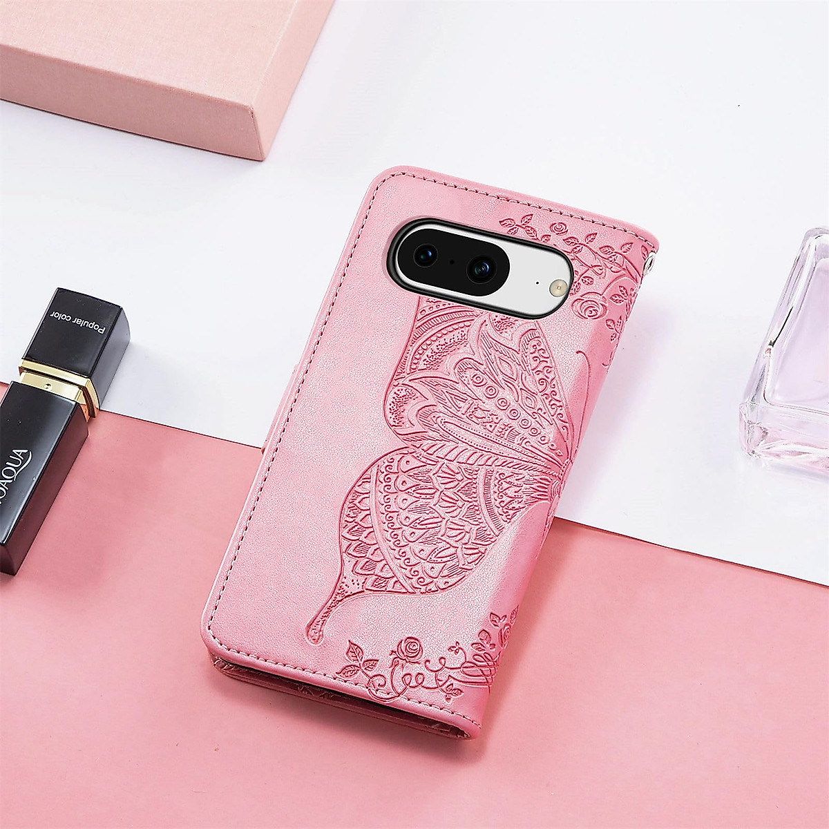 COTDINFOR Wallet Case for Google Pixel 8 Case Crystal Glitter Bling with Card Holder Stand Leather Flip Wallet Phone Case Diamond Butterfly Protective Case for Google Pixel 8 Crystal Pink