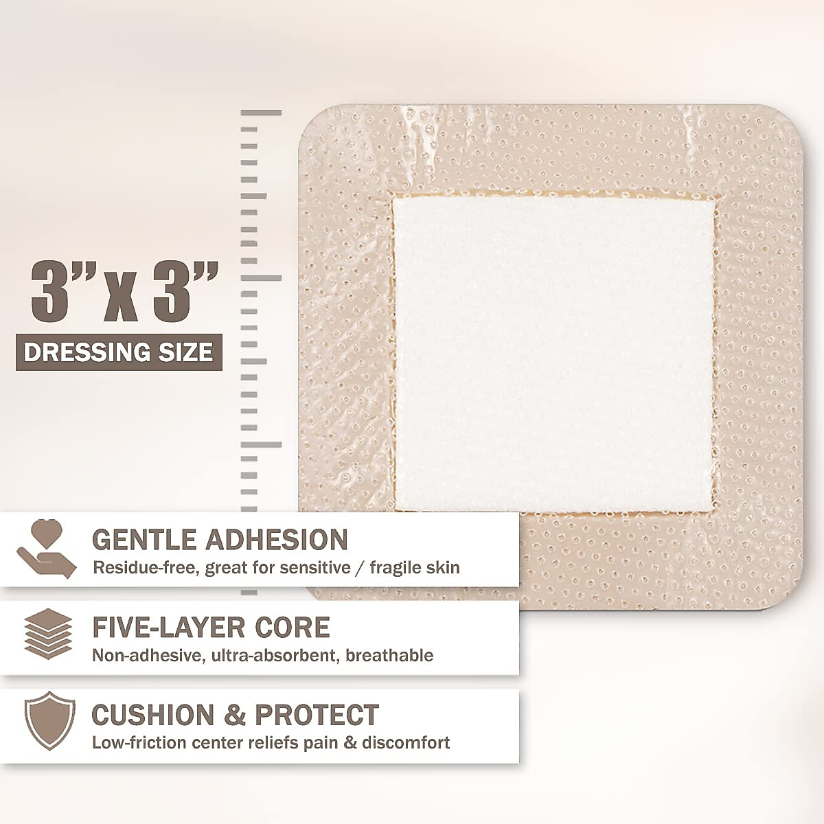 EVERLIT Silicone Foam Dressing with Gentle Adhesive Border | Sterile, Highly Absorbent, Waterproof Hydrocellular Foam Bandages | Advanced Wound Care for Bed Sores, Pressure Ulcers (3" x 3" | 10 Pack)