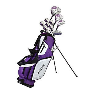 Precise M5 Ladies Womens Complete Right Handed Golf Clubs Set Includes Titanium Driver, S.S. Fairway, S.S. Hybrid, S.S. 5-PW Irons, Putter, Stand Bag, 3 H/C's Purple (Right Hand)