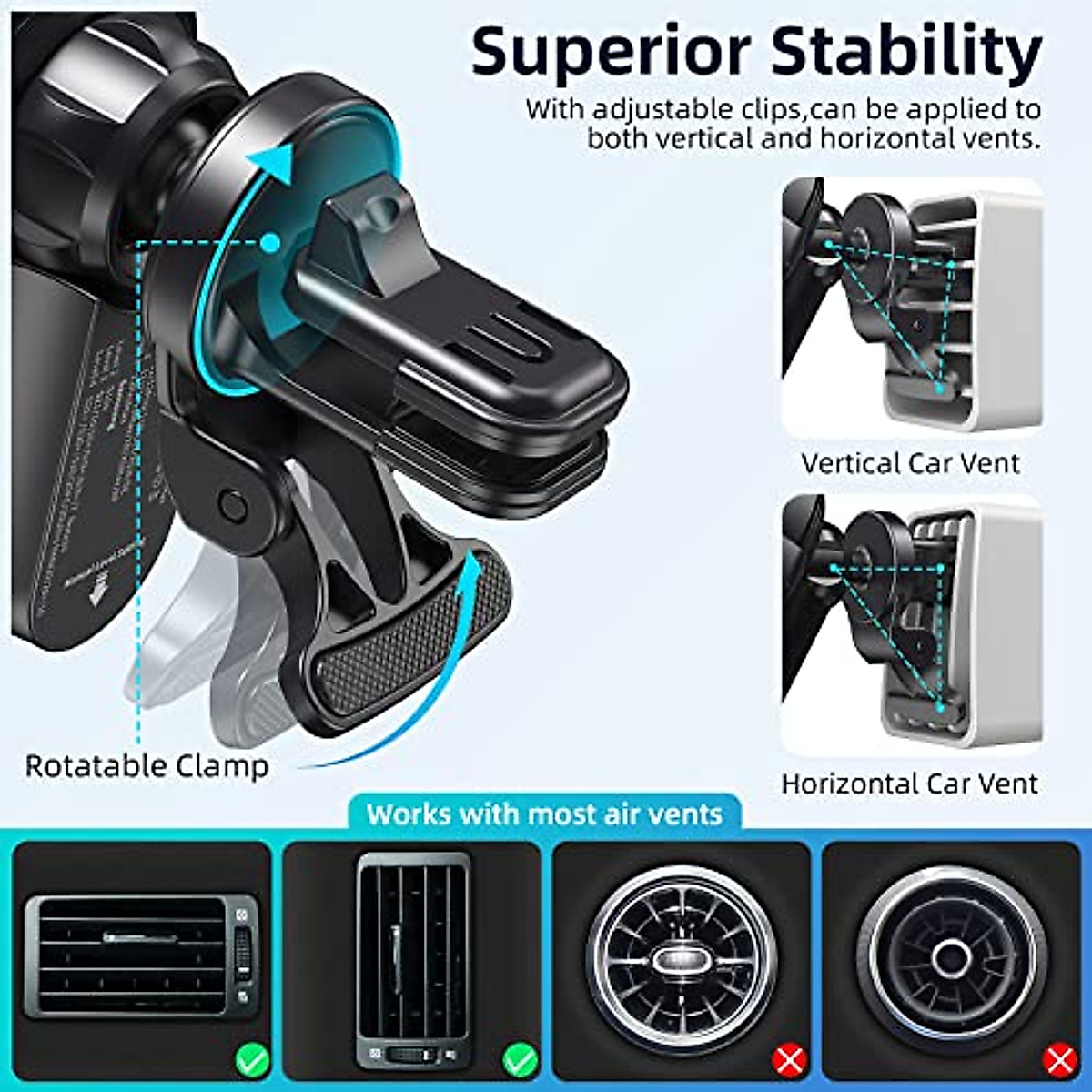 Nalwort Wireless Car Charger Auto Clamping with Air Vent and Dashboard Mount 15W Qi Fast Charge Wireless Car Charger Mount for iPhone 14/14 Pro Max/13, Samsung S21/S20/S10/S9, Note 20