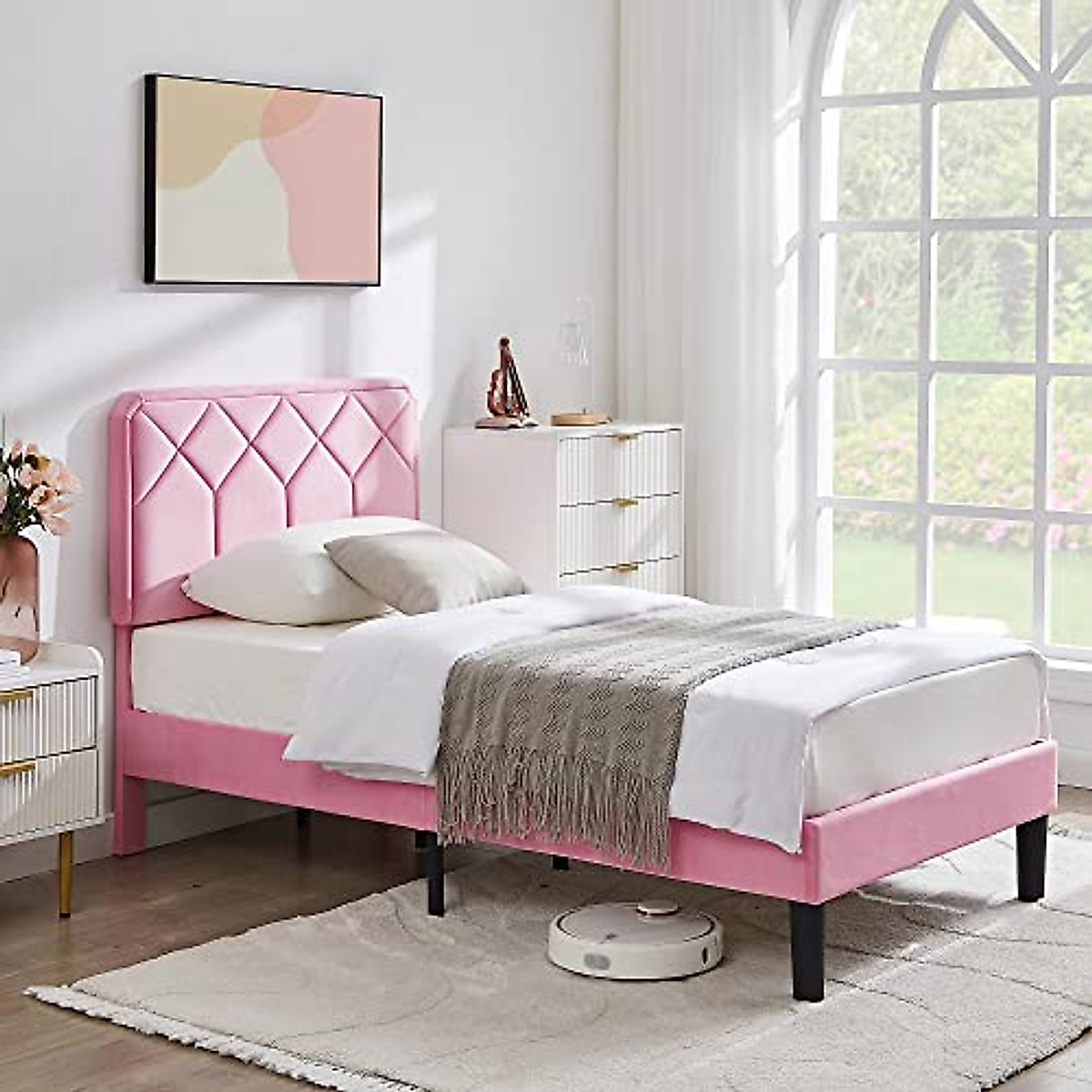 VECELO Twin Size Bed Frame Premium Leather Upholstered Platform with Height Adjustable Headboard/Mattress Foundation, Solid Wooden Slat Support, No Box Spring Needed/Easy Assembly