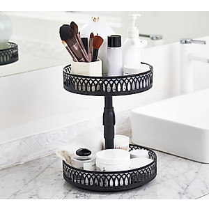 Y&M 2 Tier Lazy Susan Turntable, Height Adjustable Spice Organizer, 9.5” & 10” Round Metal Rotating Spice Rack, Spice Jars Storage Holder for Snack Pantry Cabinet Bathroom Countertop Kitchen - Black