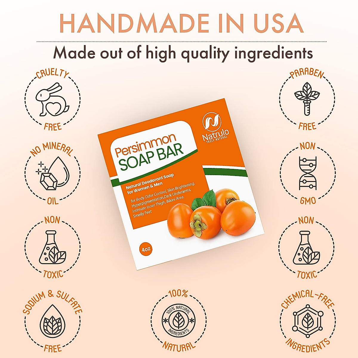 Persimmon Soap Bar for Body Odor Control – Purifying Deodorizing Body Wash with Japanese Persimmon & Green Tea Extract for Eliminating Nonenal Body Odor – Great for Skin Brightening,