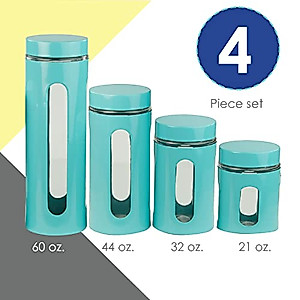 Kitchen Canisters For Countertop By Home Basics | Retro-Styled Canisters For Kitchen Counter | Stainless Steel and Glass Kitchen Canister Set, With See-Through Windows (Turquoise), 4 Pieces