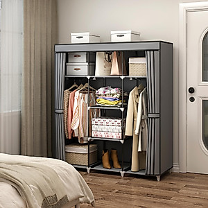 MOGELAFOO 51 Inch Portable Closet Wardrobe, Clothes Rack Storage Organizer with Non-Woven Fabric Cover, 2 Clothes Hanging Rods and 8 Storage Shelves, Grey