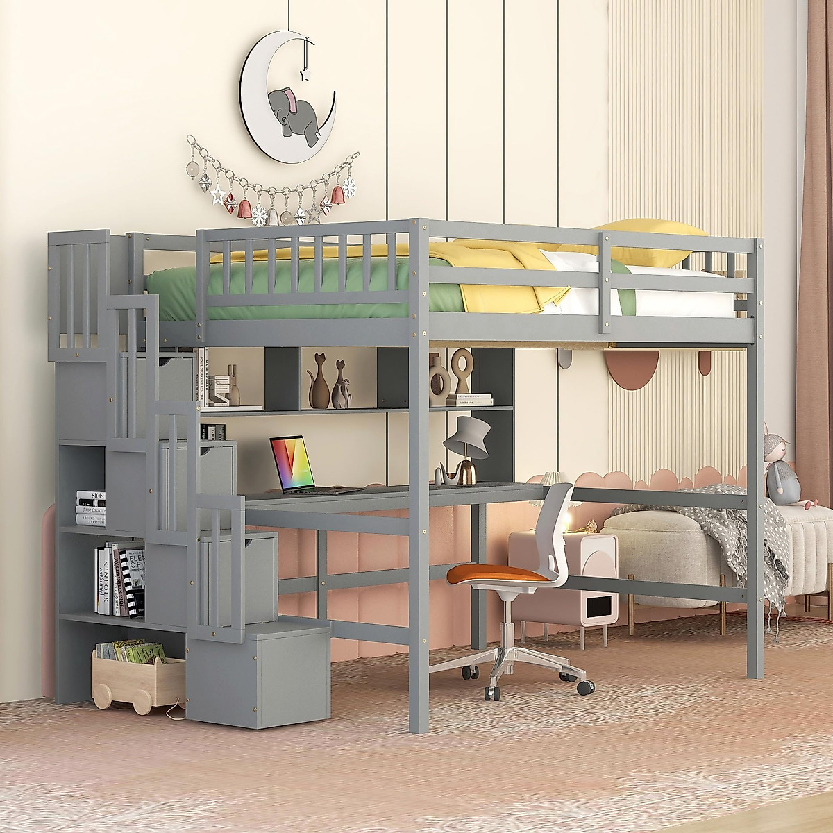 Bellemave Full Size Loft Bed with Desk and Storage Shelves,Wood Loft Bed Frame with Storage Staircase,High Loft Bed Full for Kids,Teens, Adults,Grey