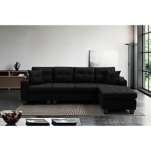 BIADNBZ Modern Sectional Sofa with Reversible Chaise Lounge and Two Cupholders, L-Shaped Couch with 2 Pillows for Living Room Apartment, Black