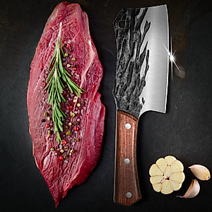 UniqueFire Full Tang 5.8 Inch Meat Cleaver, Sharp Mini Chefs Knife, Carbon steel Handmade Blade, Perfect Outdoor Gift, Mini Camping Knife with Sheath for BBQ, Fishing, Hiking