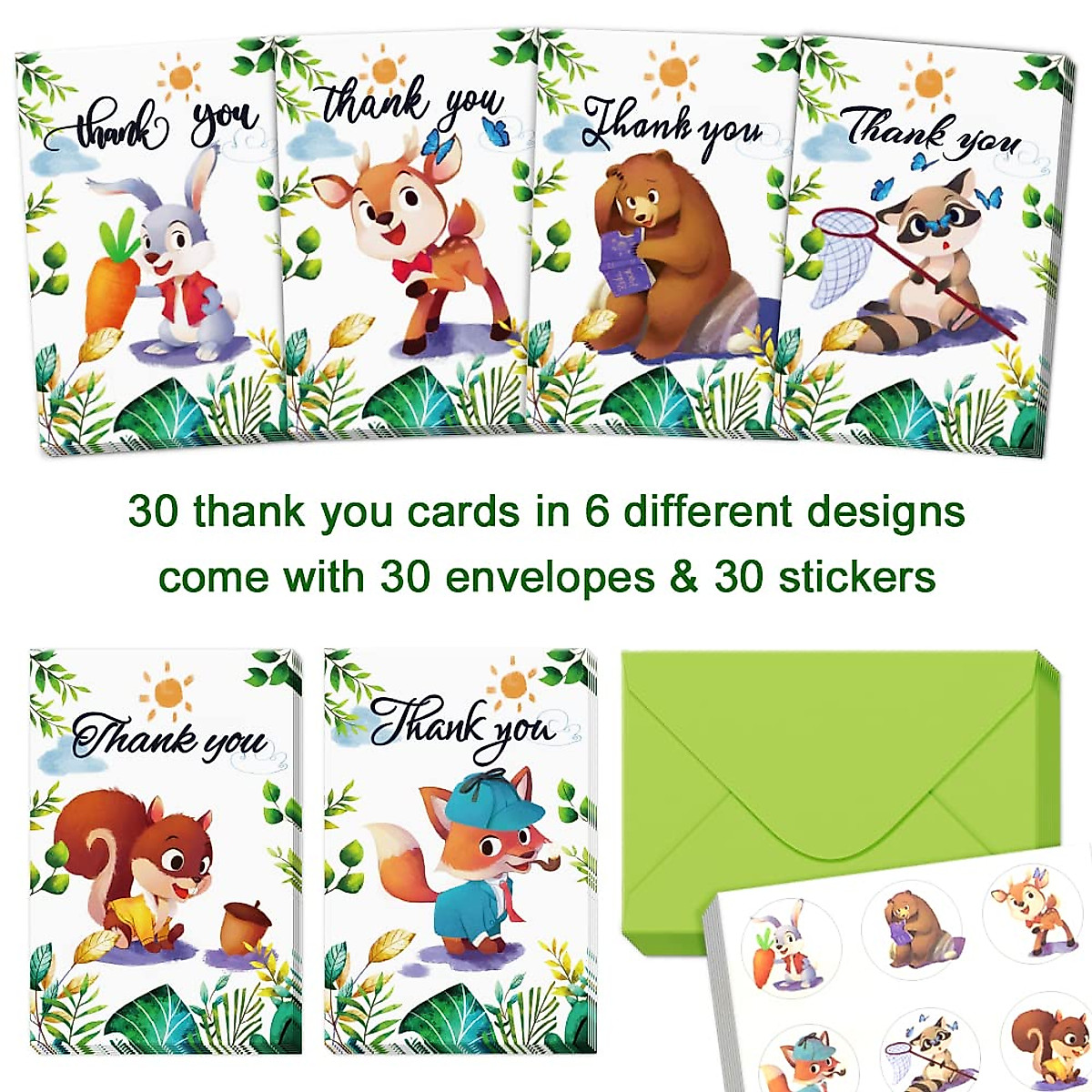 Paper Master Woodland Thank You Cards 30 Pack bulk Thank You Cards for Kids 4” × 6” Forest Animal Thank You Cards with Envelopes & Stickers for Kids Birthday Party, Baby Shower, Christmas and more