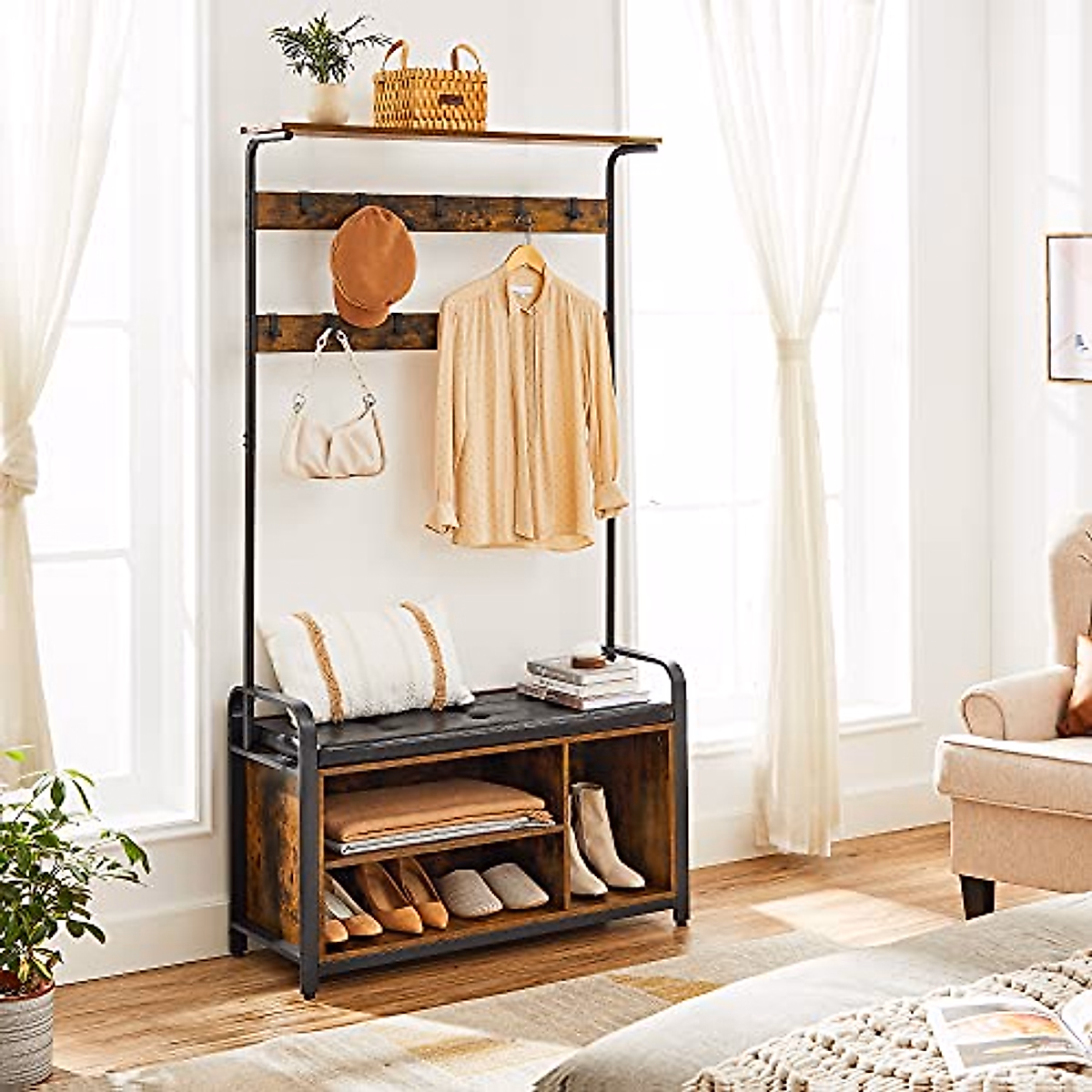 VASAGLE Hall Tree with Storage Bench, Entryway Storage with 9 Hooks, Coat Rack with Soft Bench, Shoe Rack, Steel Frame, Rustic Brown and Black UHSR099B01