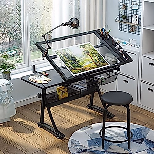 TeMkin 2 Storage Drawers and Stool Drafting Table Drawing Desk Height Adjustable Craft Table for Home Office School Study Room (Color : Glass)