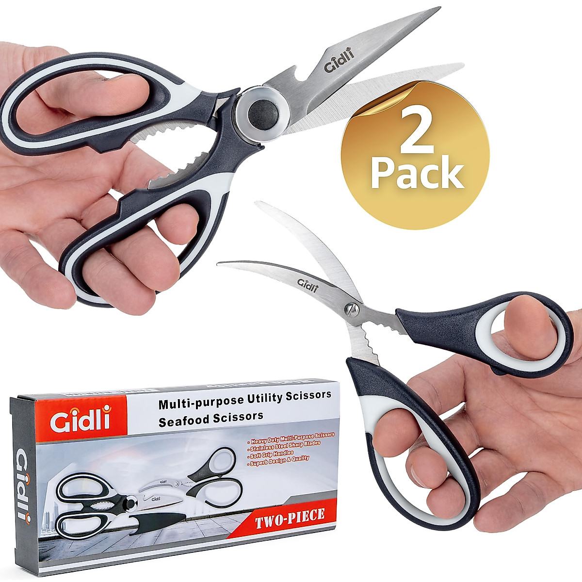 Kitchen Shears by Gidli - Lifetime Replacement Warranty- Includes Seafood Scissors As a Bonus - Heavy Duty Stainless Steel All Purpose Ultra Sharp Utility Scissors