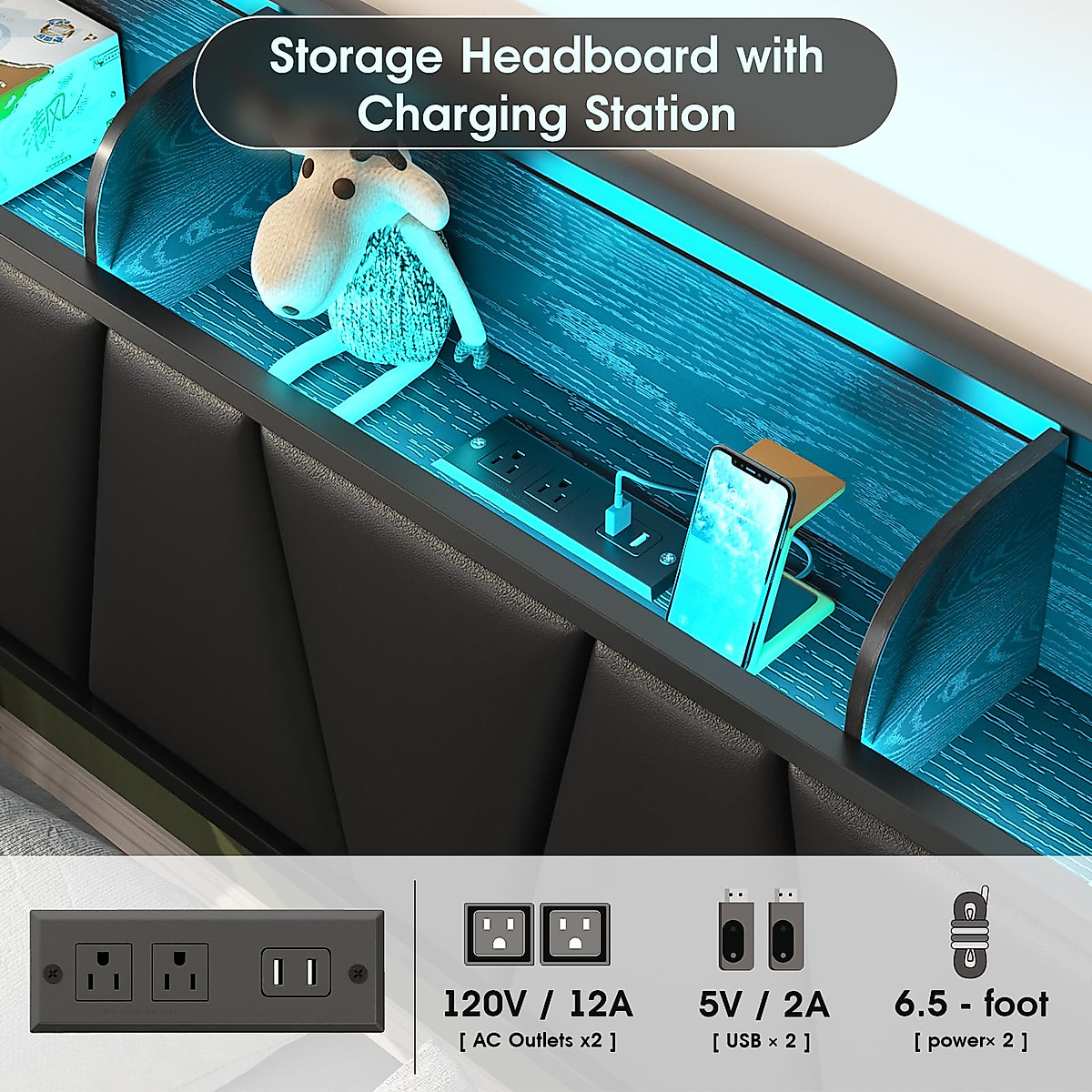 Halitaa Black Queen Bed Frame with Led Lights and Charing Station,Upholstered Headboard with Storage Shelves,Farmhouse Platform Bed,No Box Spring Needed