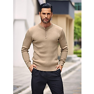 COOFANDY Men's Long Sleeve Knit Henley Shirts Casual Henley T-Shirts Lightweight Ribbed Sweater Khaki