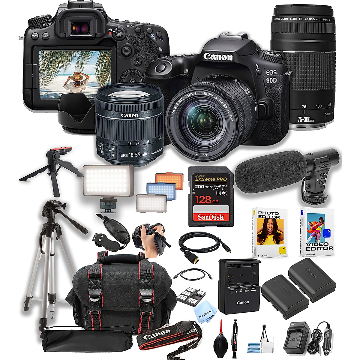 Canon EOS 90D DSLR Camera w/EF-S 18-55mm F/4-5.6 STM + 75-300mm F/4-5.6 III+ 128GB Pro Speed Memory + Led Video Light + Microphone +Case + Tripod + Software Pack-Video Bundle (Renewed)