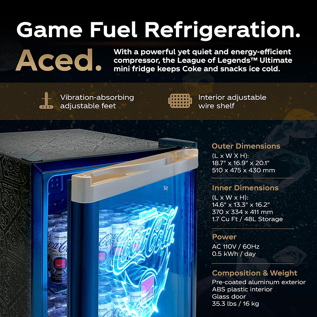 Cooluli League of Legends® Ultimate 48L Mini Fridge – Limited Edition Coca-Cola® Exclusive Gaming Room Mini Fridge, Cool LED lighting, Glass Door with Illuminating Logos and Temperature Controls