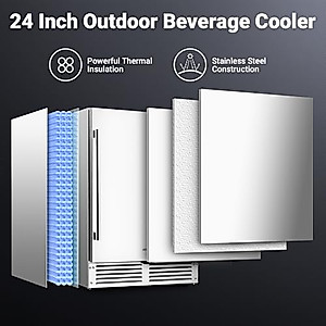 BODEGA 24 Inch Undercounter Outdoor Beverage Cooler Fridge with Stainless Steel Seamless Door，Hold 164 Cans w/Powerful Cooling Compressor for Patio Kitchen,Outdoor