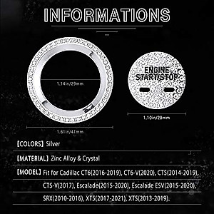 CARFIB Car Interior Bling Accessory for Cadillac CT6 CTS Escalade SRX XT5 XTS Ignition Button Ring Push Engine Start Stop Decal Sticker Cover Parts Decoration Men Women Zinc Alloy Crystal Silver 2Pcs