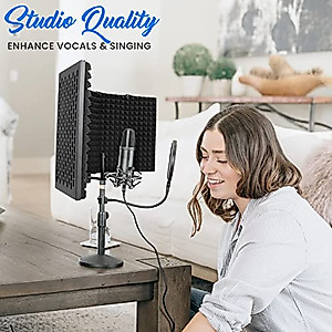 PyleUsa Microphone Isolation Shield, 5 Panel Acoustic Vocal Sound Dampening Noise Absorb Record Studio,1.6" Foam,Adjust Mic Depth,Removable Shock Mount, ⅝" Threaded,Podcast,Sing and Broadcast-1 set