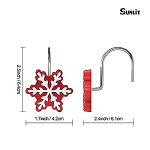 Sunlit Christmas Shower Curtain Hooks Snowflakes Shower Curtain Rings, Resin, Red and White Christmas Decor, Winter Bathroom Decoration - 12 Pack