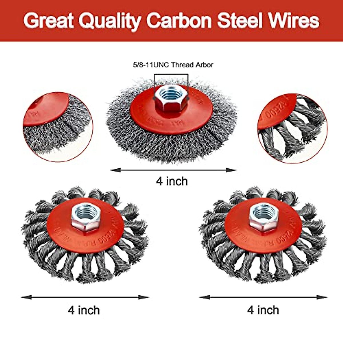 AUPREX Wire Wheel for 4 1/2 Angle Grinder, 4 Inch Knotted Coarse Crimped Wire Wheels, 3 Inch Knotted Coarse Crimped Wire Cup Brush, Angle Grinder Wire Wheel Cup Brush Set with 5/8-11UNC Threaded Arbor