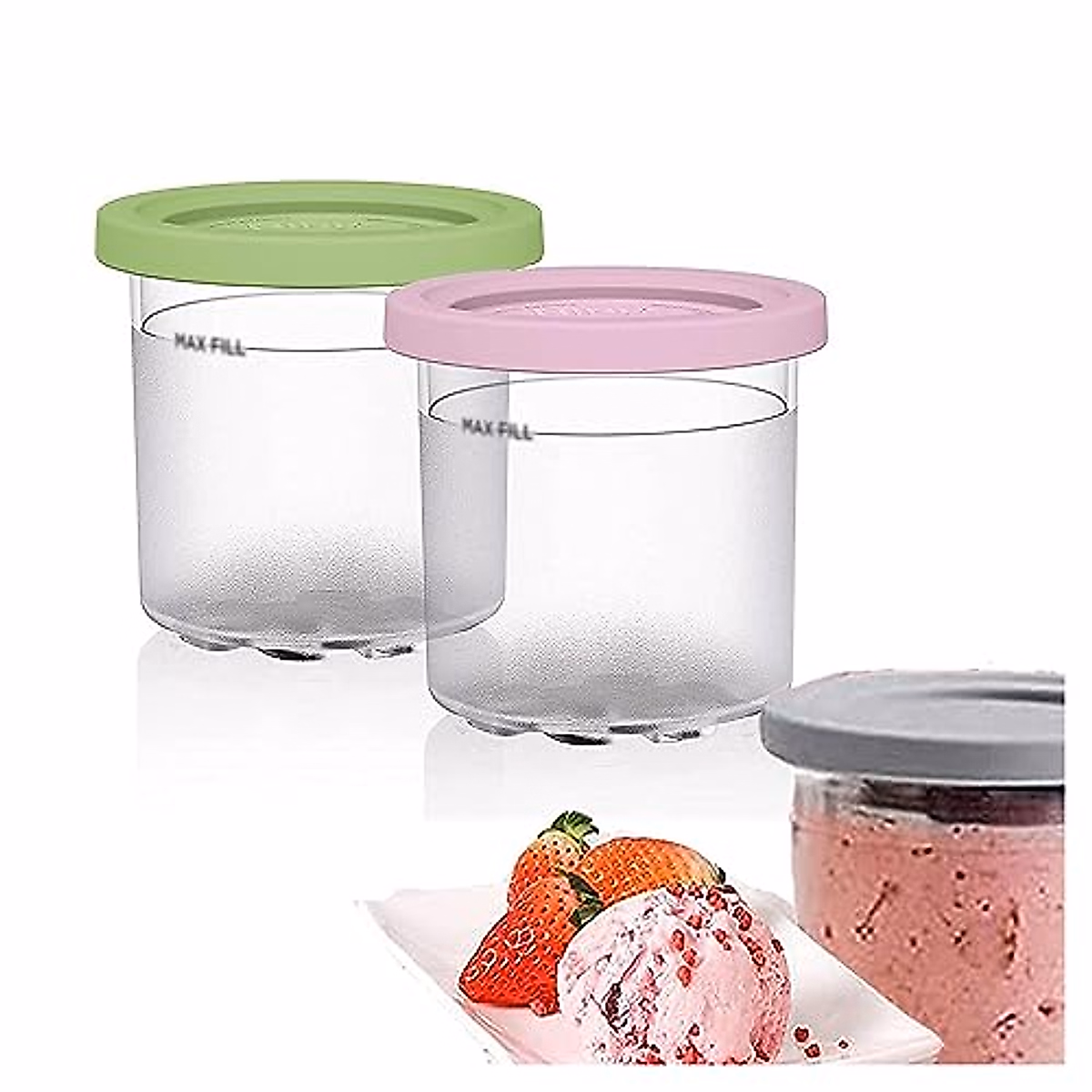 VRINO 2/4/6PCS Creami Pint Containers, for Ninja Creamy Pints,16 OZ Ice Cream Pint Containers Safe and Leak Proof for NC301 NC300 NC299AM Series Ice Cream Maker,Pink+Green-2PCS