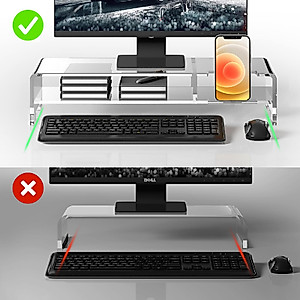 BEYGORM Acrylic Monitor Stand Riser, Wide 20", 2 Tier Computer Stand with Storage, Desk Organizer Desktop Printer Stand Laptop Storage Shelf Screen Holder with Phone Holder(Clear)