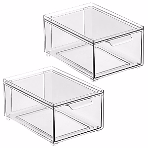 mDesign Stackable Storage Containers Box with Pull-Out Drawer - Stacking Plastic Drawers Bins for Kitchen Pantry and Cupboard, Cabinet, Counter, Island and Tables - Lumiere Collection - 2 Pack - Clear
