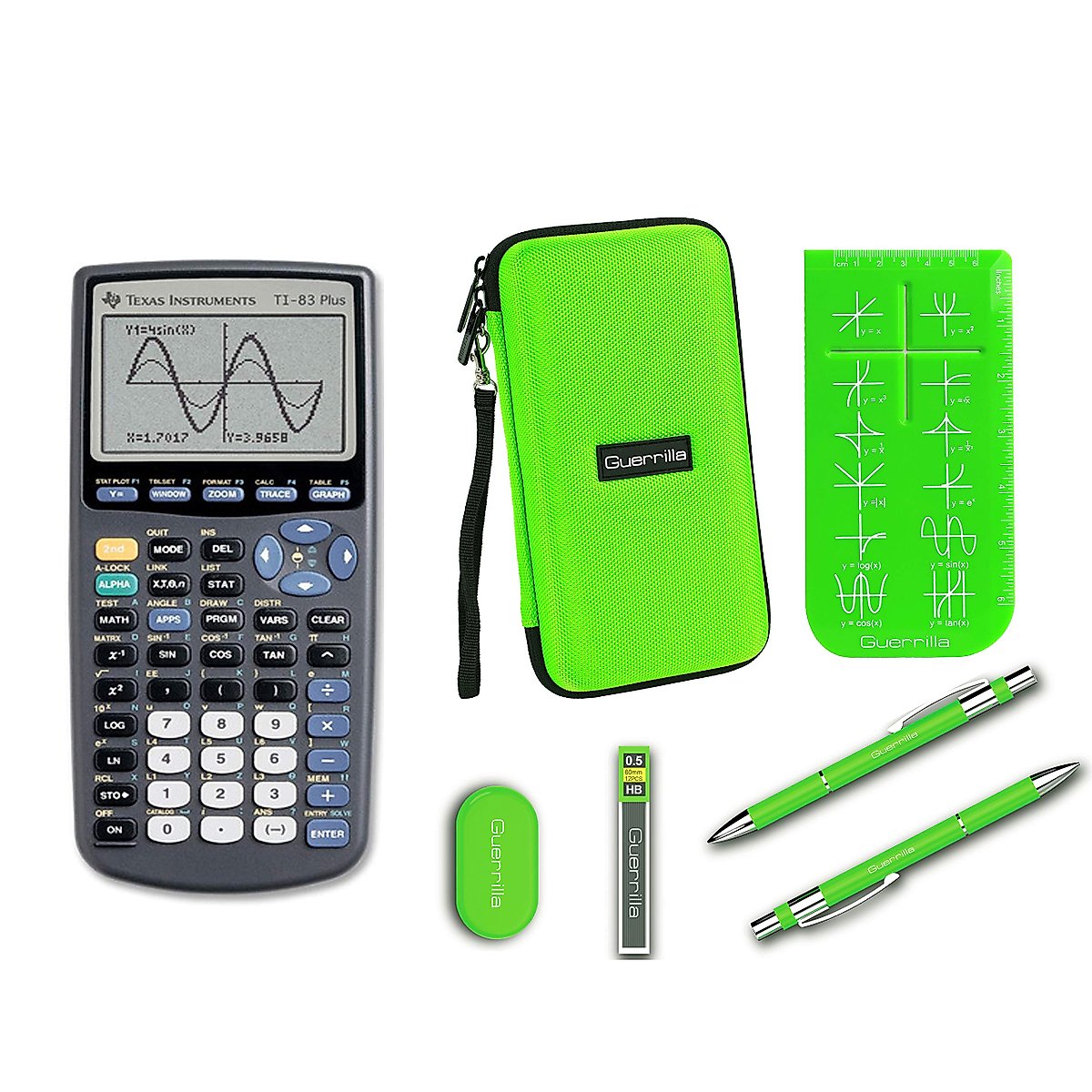 Texas Instruments TI-83 Plus Graphing Calculator + Guerrilla Zipper Case + Essential Graphing Calculator Accessory Kit (Green)