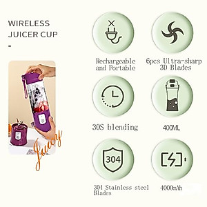 Portable Blender, USB Travel Juice Cup Baby Food Mixing Juicer Machince with Updated 6 Blades with Powerful Motor 4000mAh Rechargeable Battery,13Oz Bottle(black)