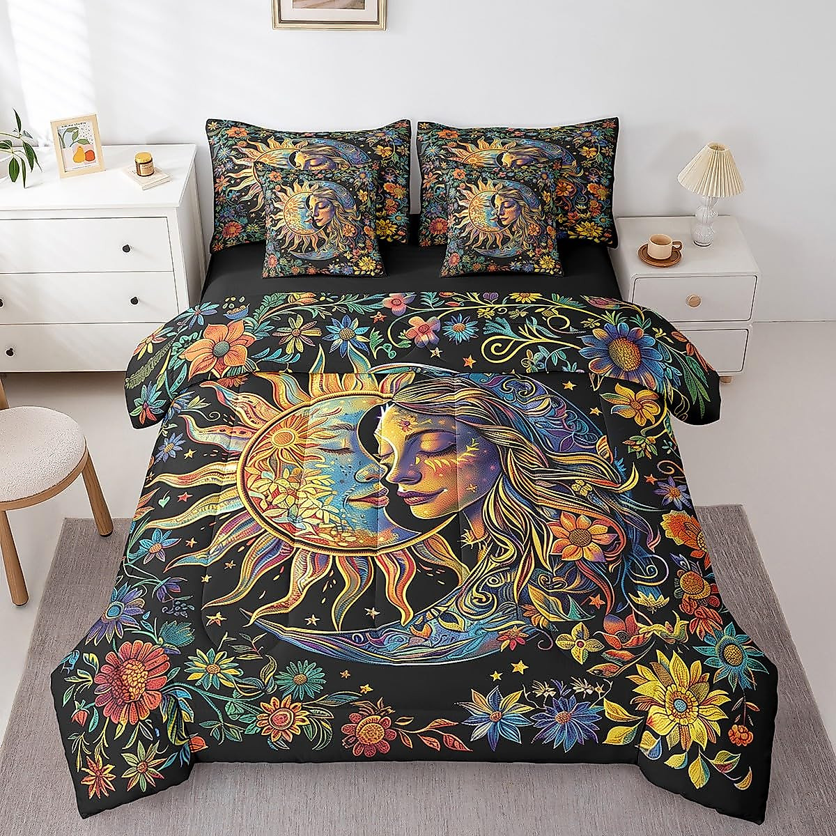 jejeloiu Sun Moon Queen Comforter Set with Sheets Boho Exotic 7 Pieces Bedding Set for Kids Boys Girls Teens Room Decor Floral Print Bohemian Bed in a Bag Queen Size Galaxy Bed Set