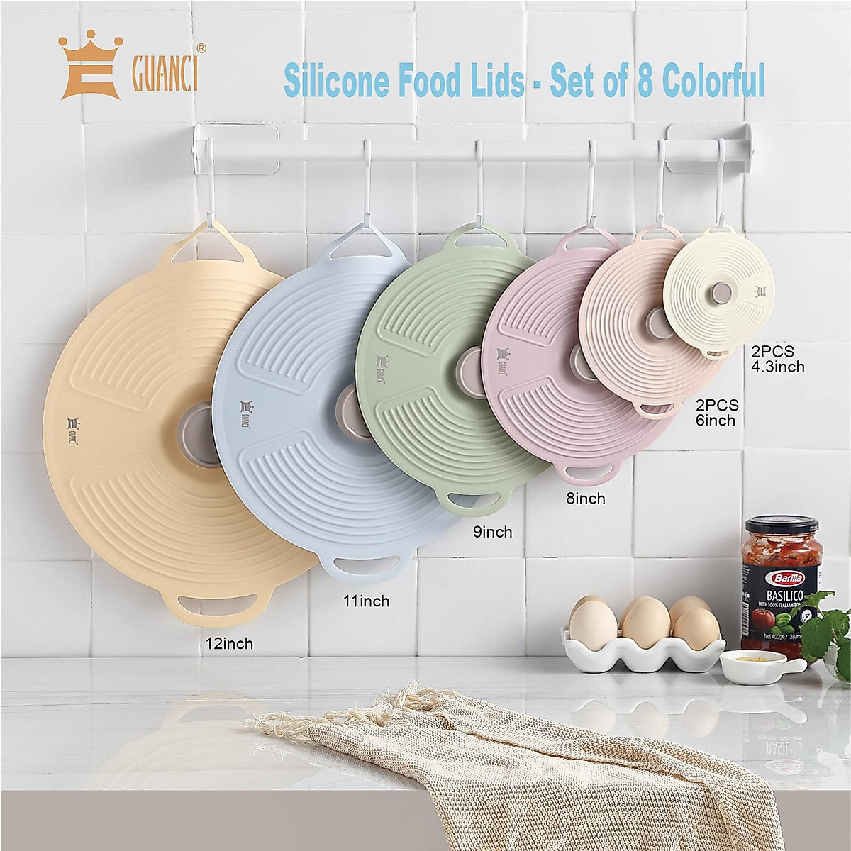GUANCI Set of 8 Silicone Lids, Reusable Suction Microwave Food Storage Cover Food-Grade Grip fits Cups, Bowls, Plates, Pots, Fridge Dishwasher Safe