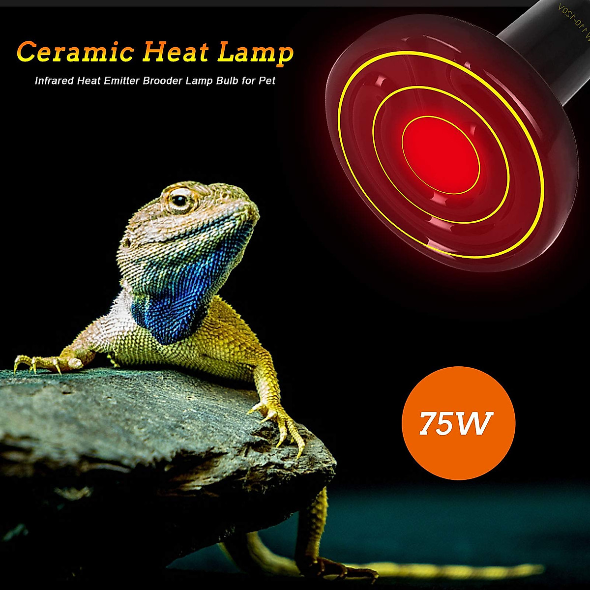 HANJION 75W Ceramic Heat Lamp, Infrared Reptile Heat Emitter Heater Lamp Bulb for Pet Brooder Coop Chicken Lizard Turtle Snake Aquarium, No Light Emitting No Harm - 2 Pack