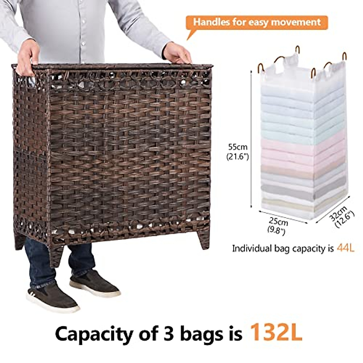 Laundry Hamper with 3 Removable Liner Bags; 132L Handwoven Rattan Laundry Basket with Lid & Heightened Feet; Clothes Hamper with Side Handles; Laundry Sorter with 3 Separate Sections (Brown)
