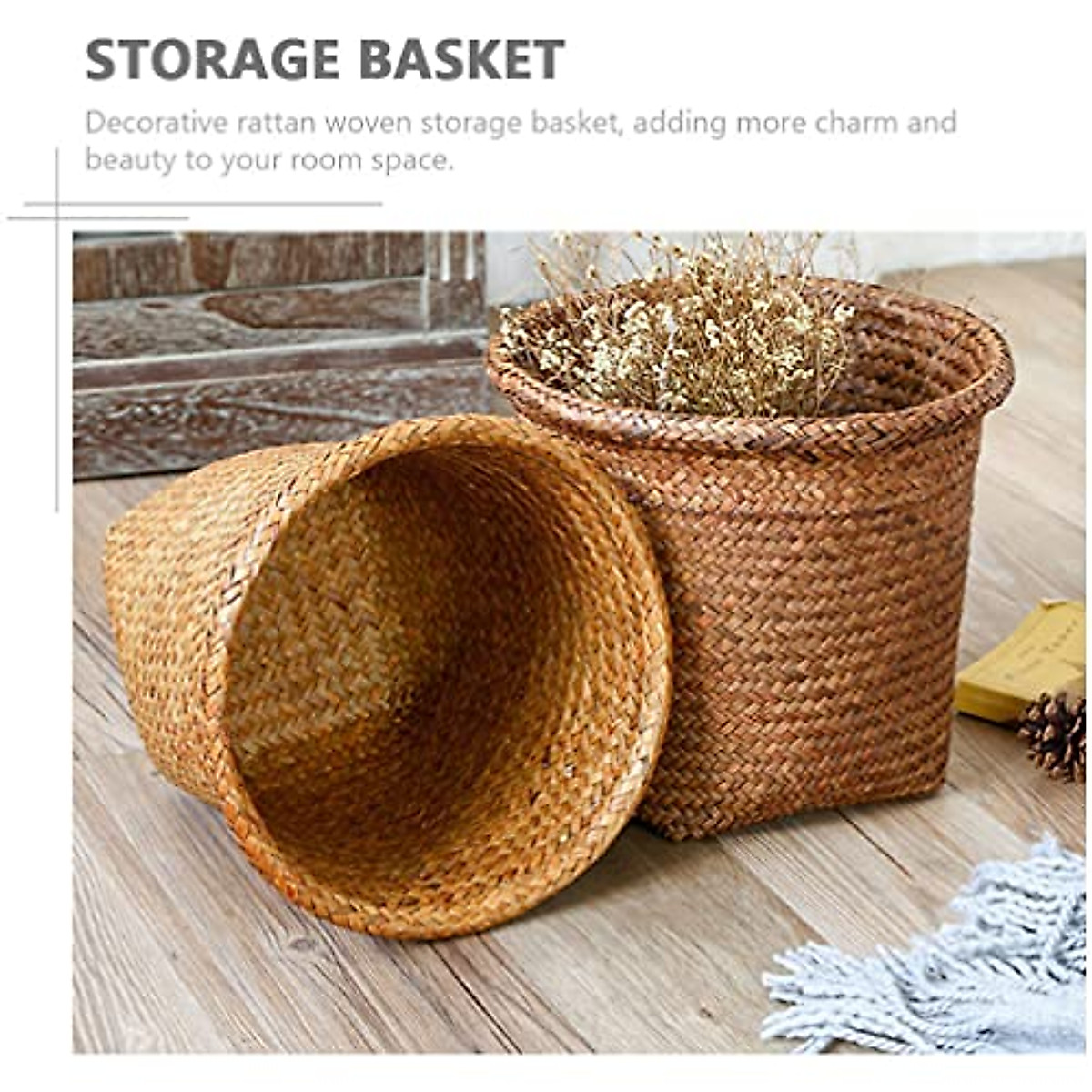 Alipis Seagrass Waste Basket Wicker Trash Can Woven Garbage Bin Laundry Hamper Rattan Plant Pot Rustic Storage Basket Rubbish Recycling Container for Kitchen Home Office