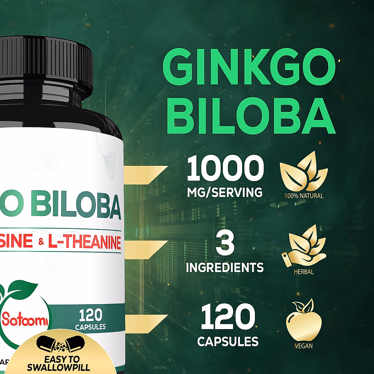 1000mg Ginkgo Biloba Supplements with L-Tyrosine, L-Theanine - 120 Capsules for 2-Month Supply - Support Focus, Mermory Function, Brain Health & Vision Quality